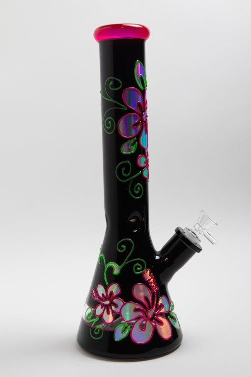 MAJESTIC BLACK - 14" EXTRA HEAVY GLOWING BEAKER BONG - FLORAL THEMED ...